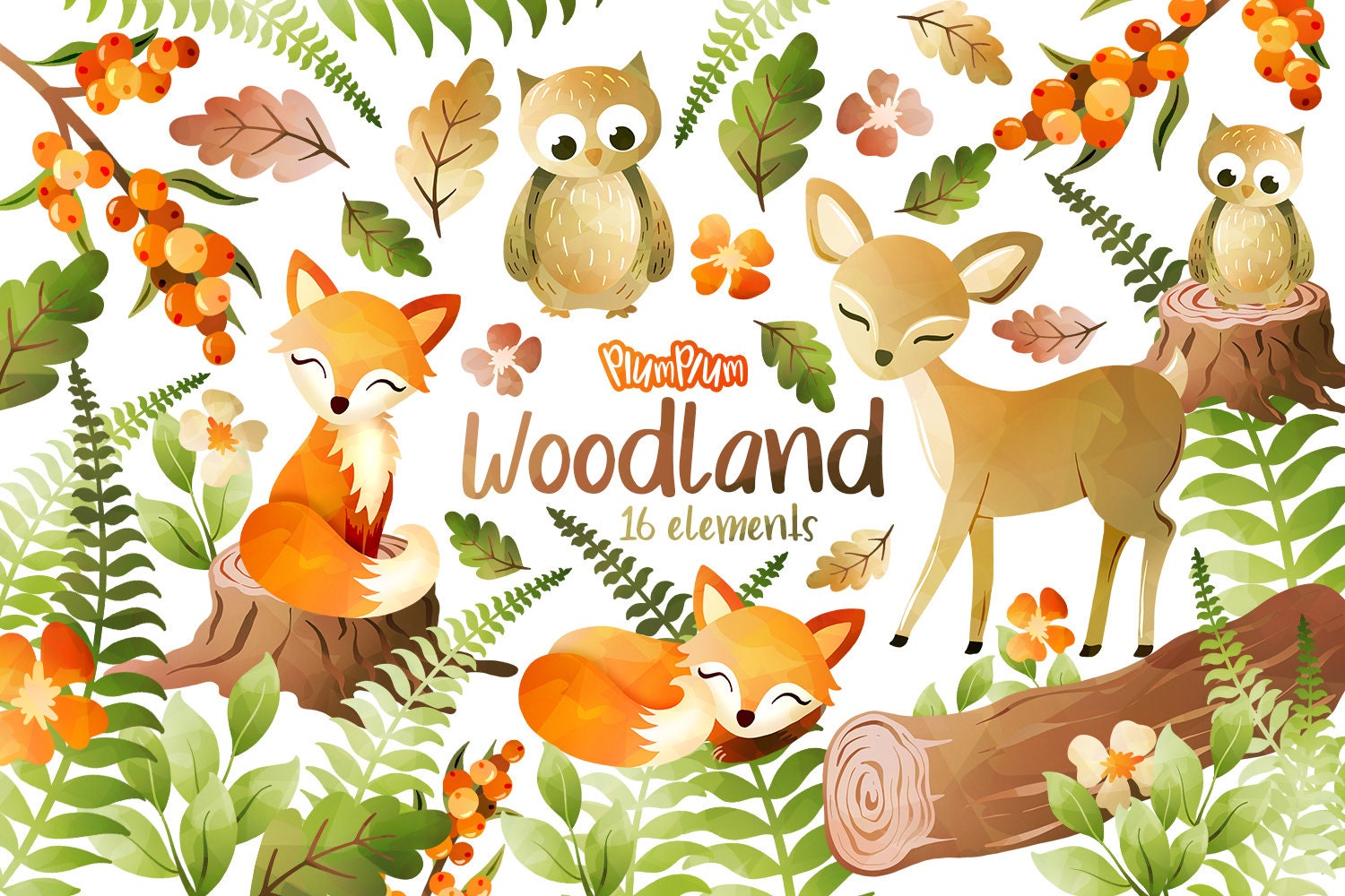 Woodland Animals Watercolor Cliparts, Forest Clipart, Fall Clipart ...