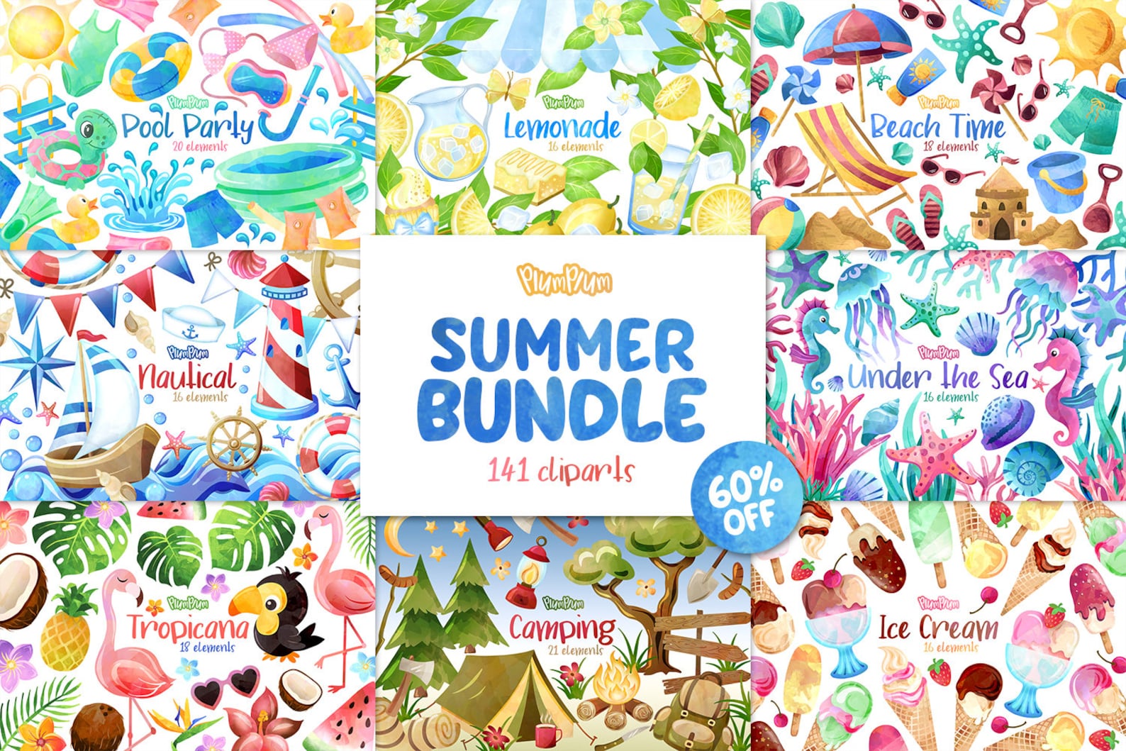Summer Clipart Bundle Watercolor Cliparts Summer Cliparts - Etsy