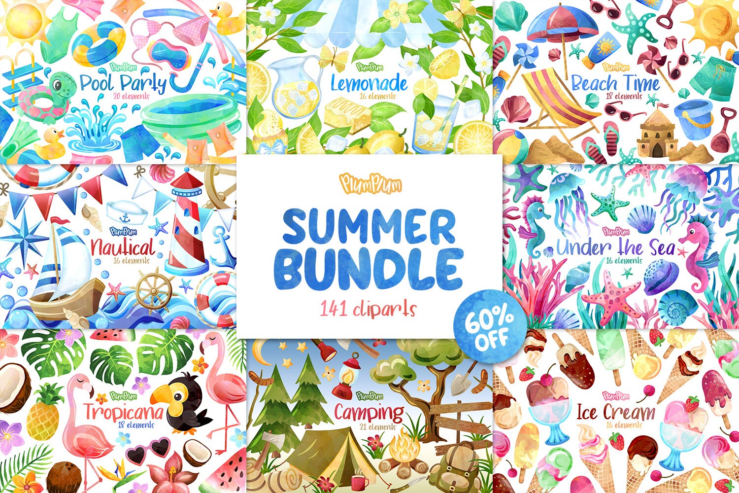 Summer Clipart Bundle Watercolor Cliparts Summer Cliparts - Etsy