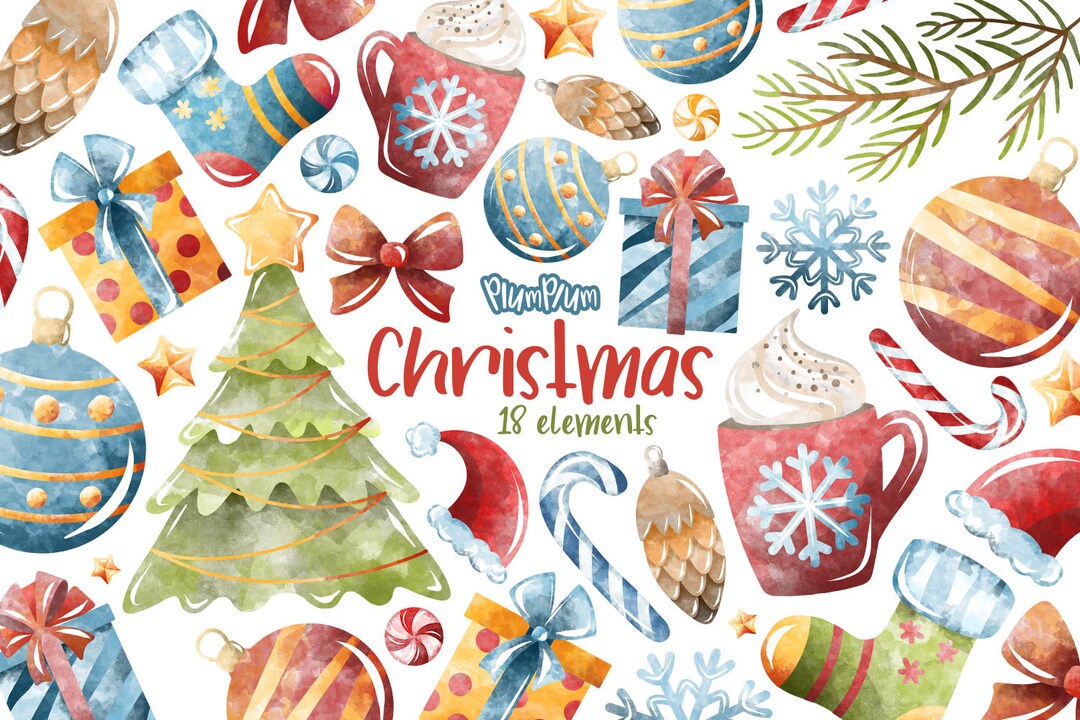 Christmas Watercolor Clipart, Christmas Elements, Winter Watercolor ...