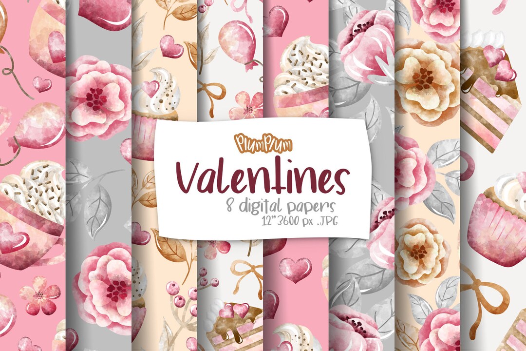 Valentines Digital Papers, Watercolor Patterns, Valentines Patterns ...