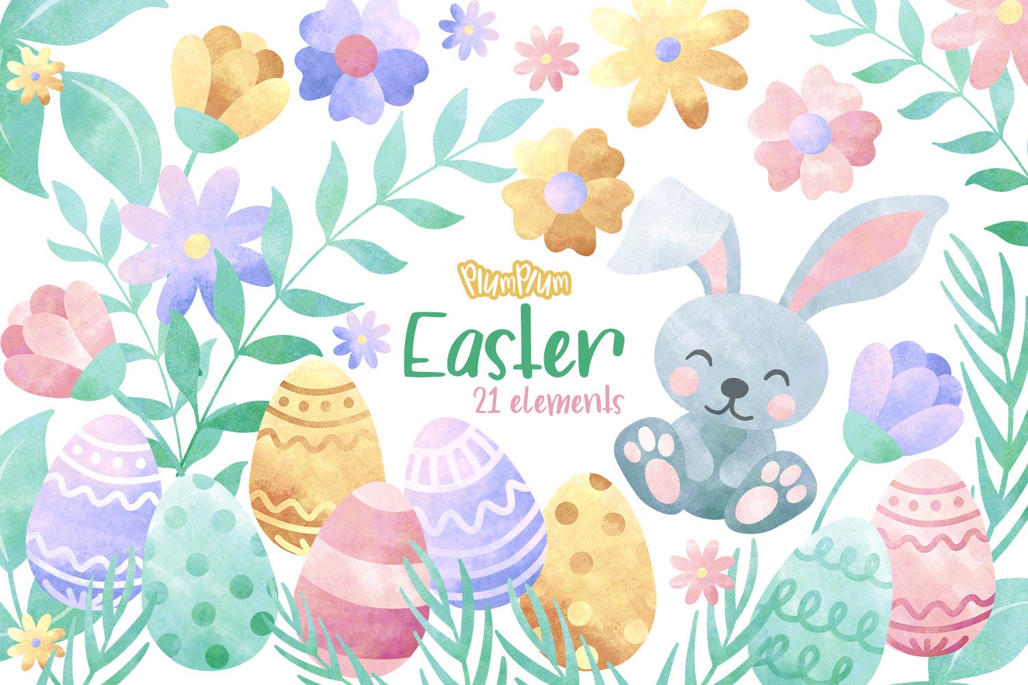 Easter Watercolor Clipart, Easter Elements, Easter Eggs, Cute Bunny ...