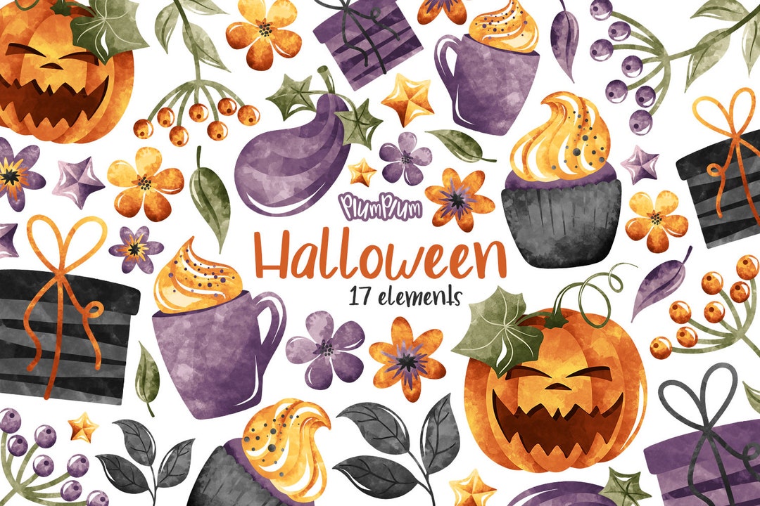 Halloween Watercolor Cliparts, Halloween Elements, Halloween Artwork ...