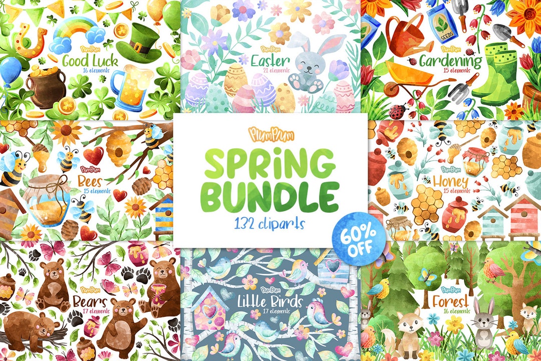 Spring Clipart Bundle, Watercolor Cliparts, Spring Cliparts, Cute ...
