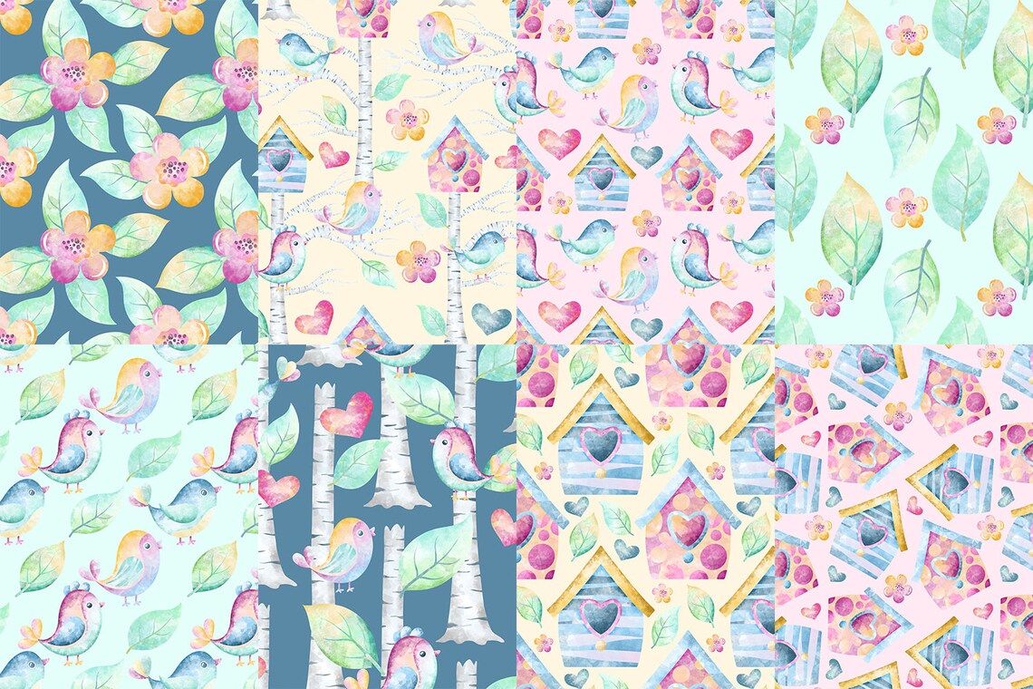 Cute Birds Digital Paper, Seamless Patterns, Birds Patterns, Fabric ...