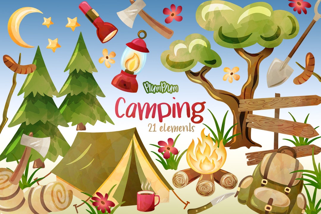 Camping Watercolor Cliparts, Summer Clipart, Vacation Clipart, Camping ...