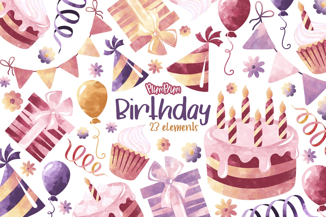 Birthday Watercolor Cliparts Birthday Illustration Birthday - Etsy