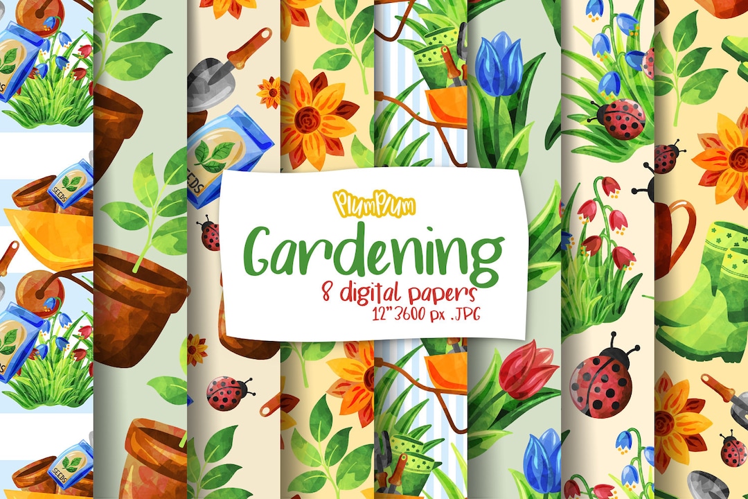 Gardening Digital Paper, Spring Digital Paper, Gardening Illustration ...