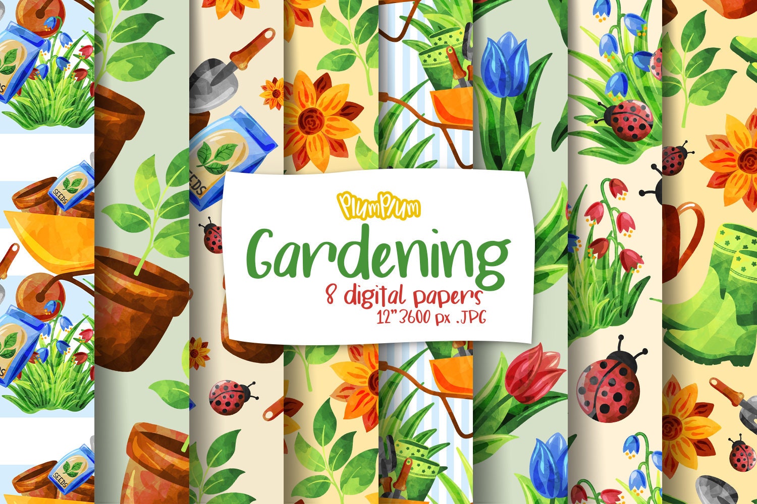 Gardening Digital Paper, Spring Digital Paper, Gardening Illustration ...