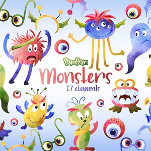 Monsters Clipart, Watercolor Monsters, Watercolor Clipart, Monsters ...