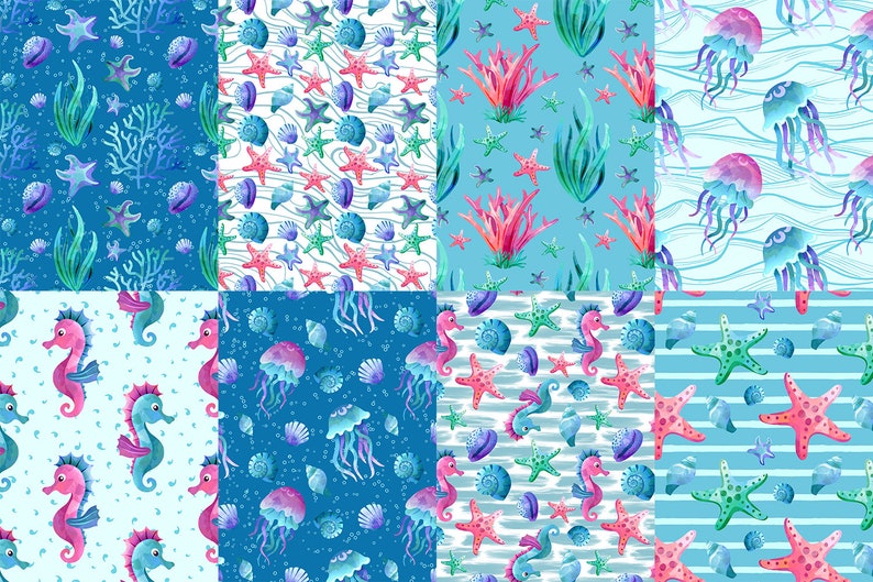 Ocean Digital Paper, Sea Life Pattern, Watercolor Sealife, Ocean ...