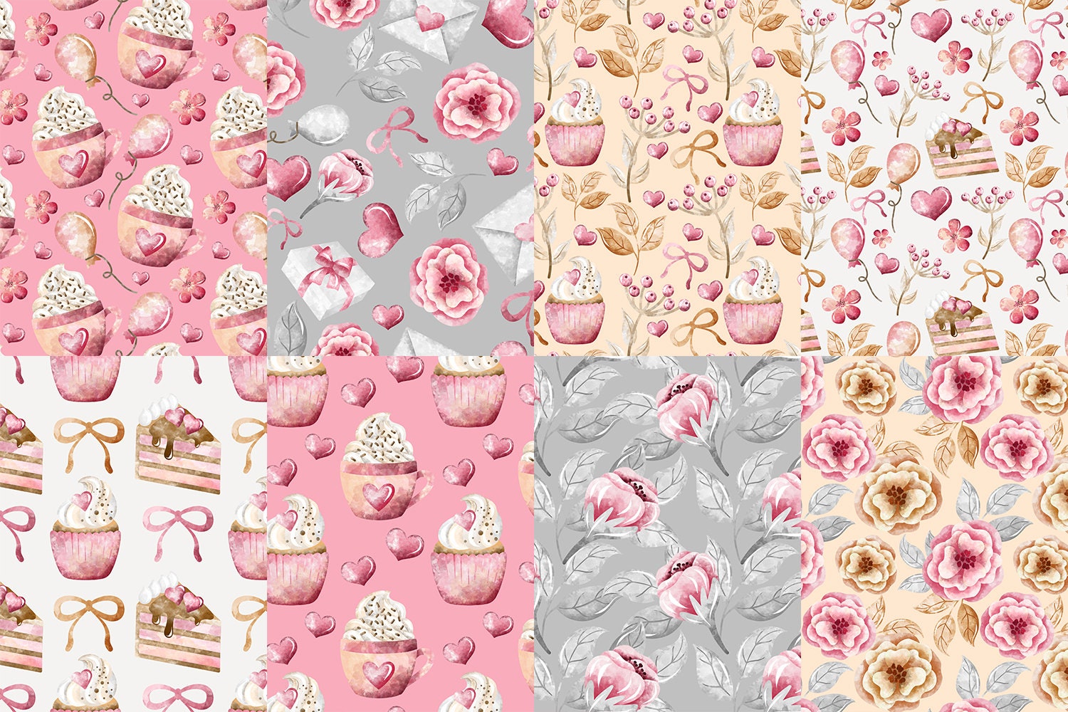 Valentines Digital Papers Watercolor Patterns Valentines - Etsy