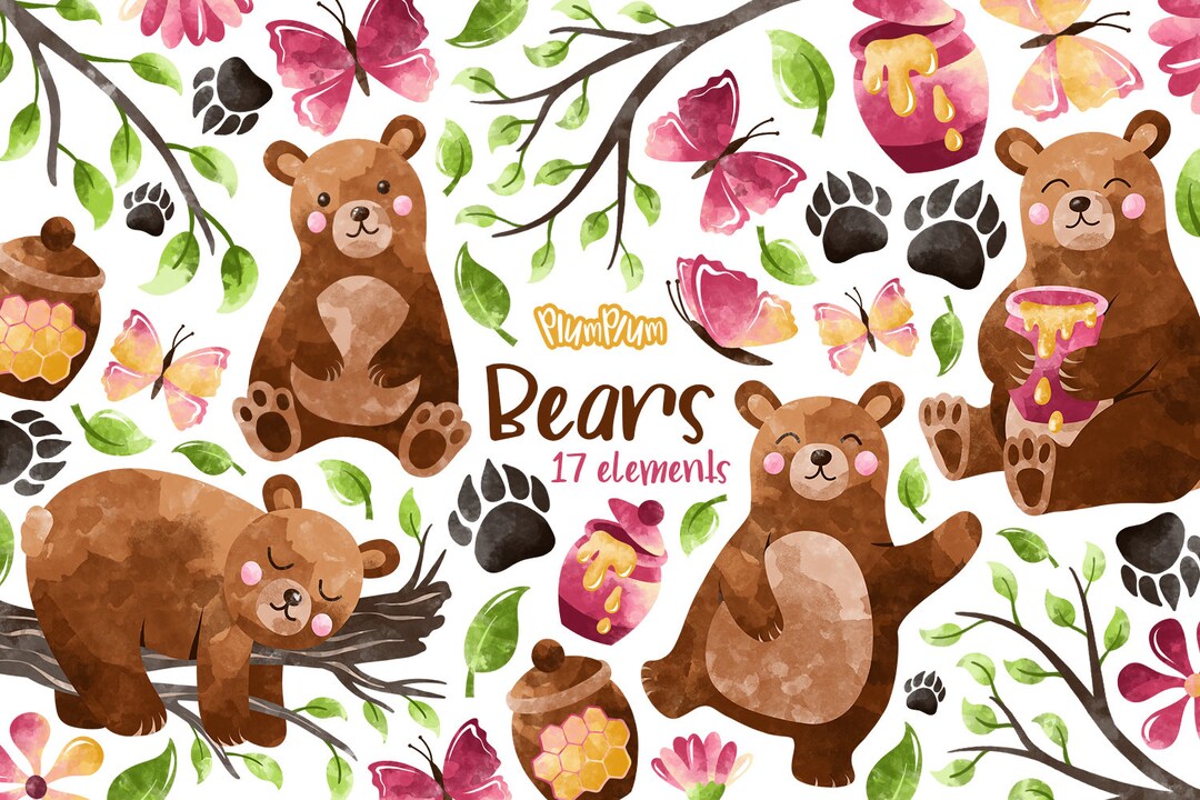 Bears Watercolor Clipart Cute Bears Cute Animals Spring - Etsy