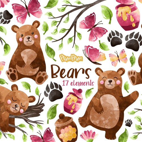 Bears Watercolor Clipart Cute Bears Cute Animals Spring - Etsy
