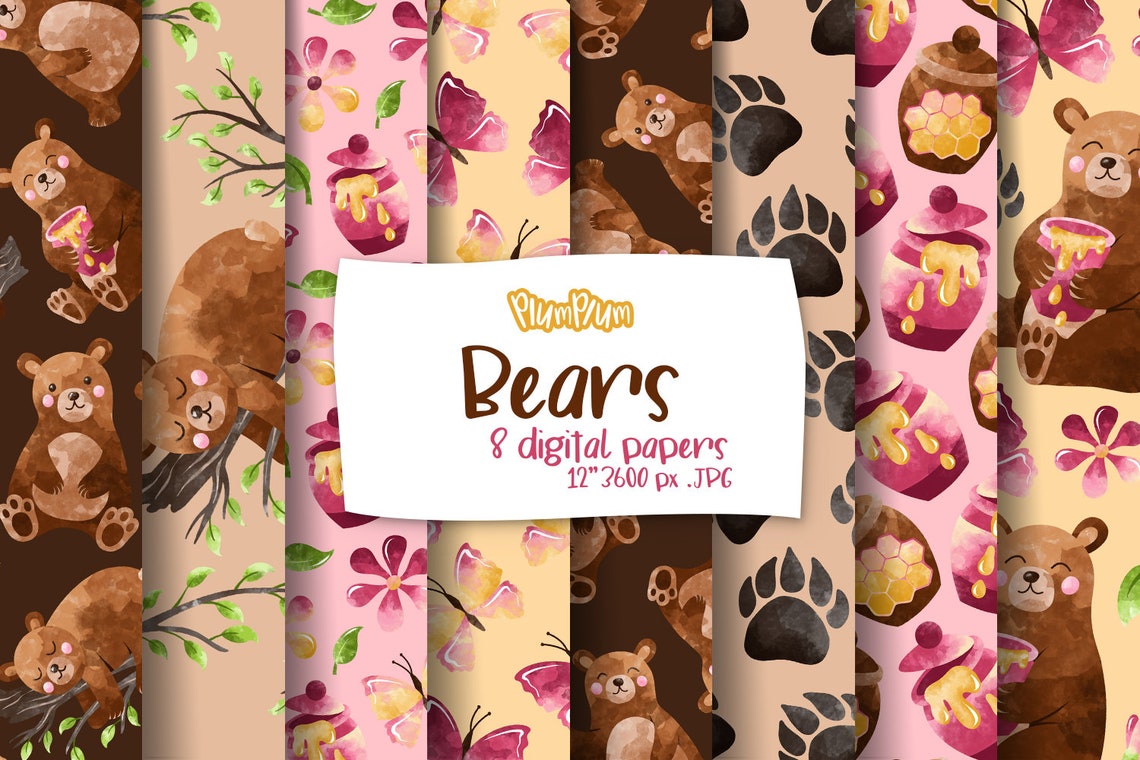 Bears Digital Papers, Cute Animals, Animal Pattern, Watercolor Paper ...