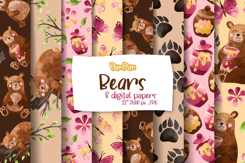 Bears Digital Papers, Cute Animals, Animal Pattern, Watercolor Paper ...