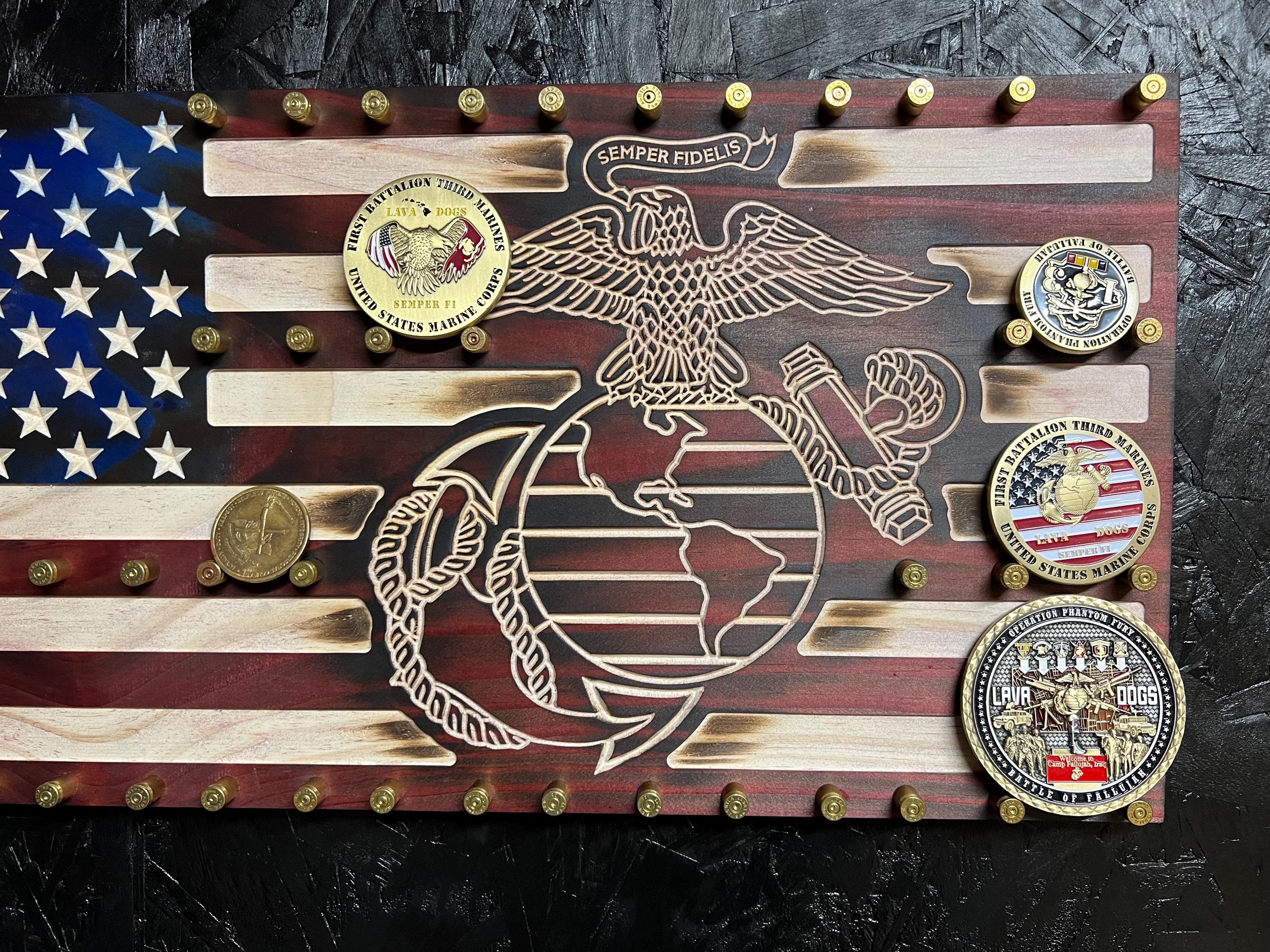 Rustic Wood USMC EGA Marine American Flag Challenge Coin Holder: Marine ...