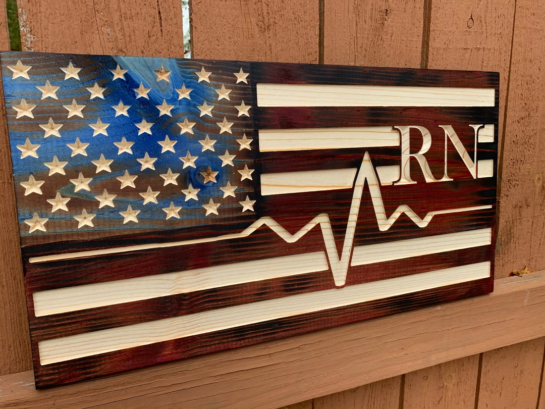 Rustic Wooden RN Nurse American Flag: Wooden Heartbeat Sign - RN ...