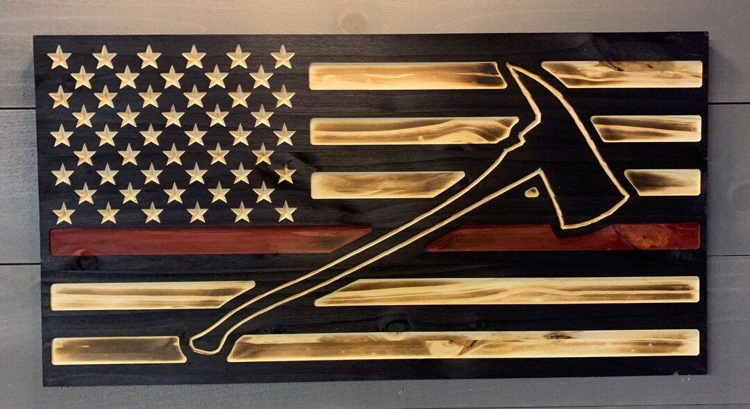 Thin Red Line With Skull & Axe Firefighters Wooden Flag Buy With ...