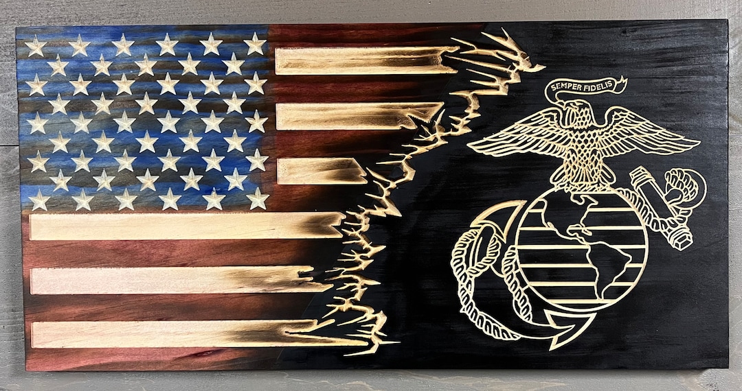 Rustic Wooden U.S. Marine EGA Wooden Flag - Ripped Flag Design - Torn ...