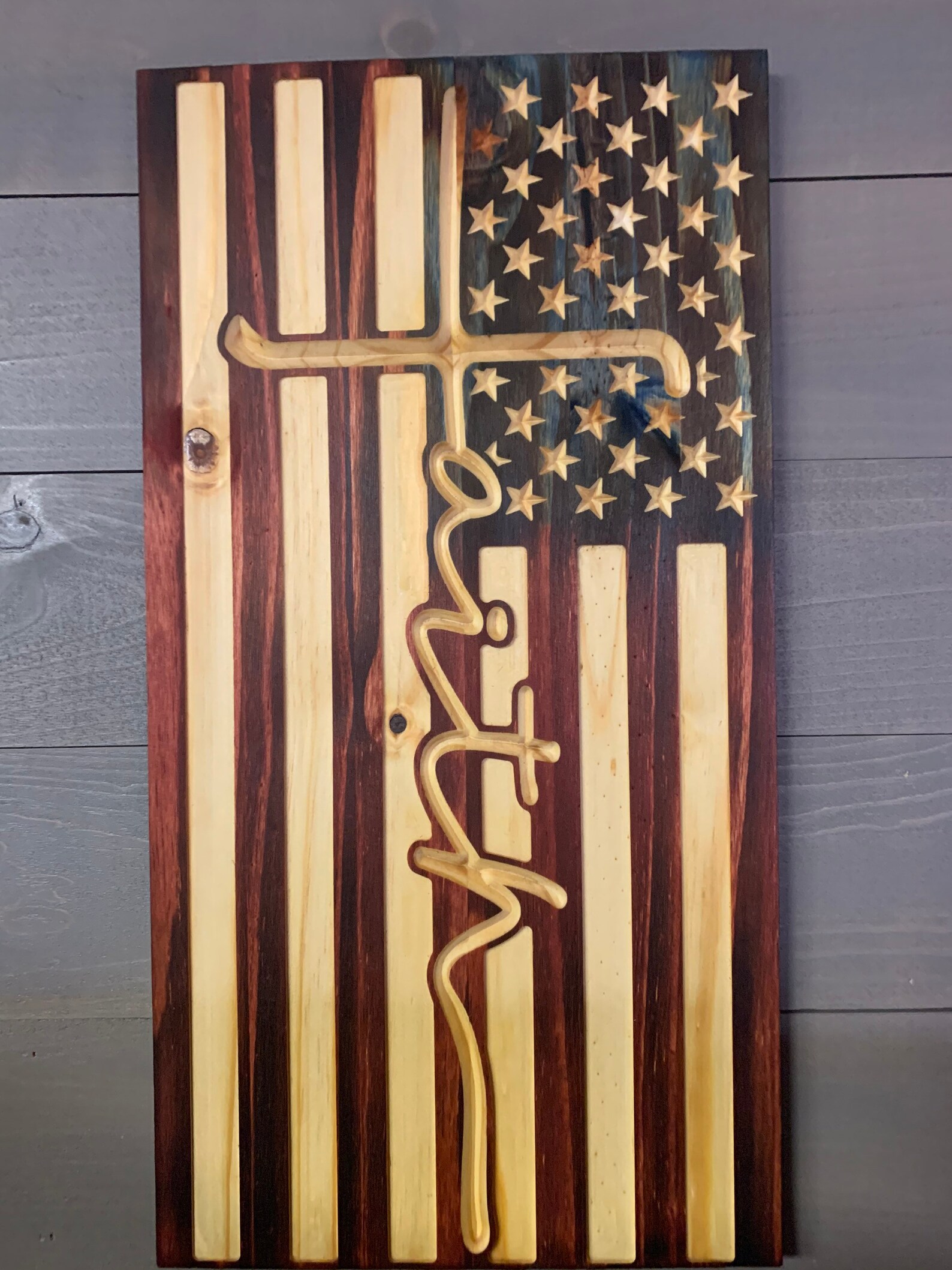 Rustic Wooden American Flag: FAITH Engraved Flag - Christian Patriot ...
