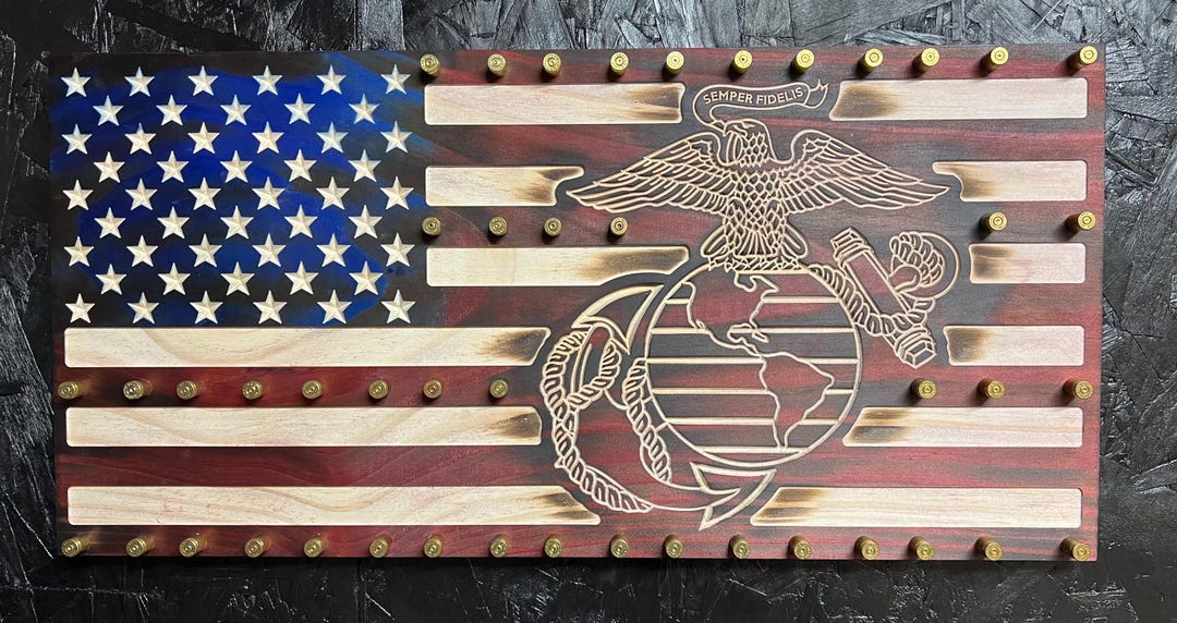 Rustic Wood USMC EGA Marine American Flag Challenge Coin Holder: Marine ...