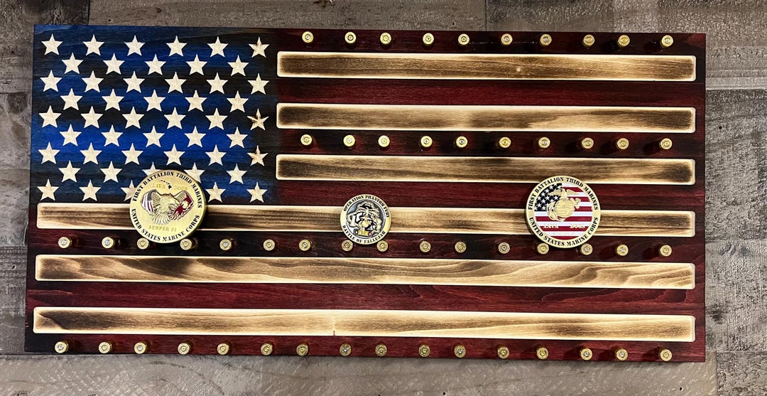 Rustic Wooden American Flag Challenge Coin Holder W/9mm Shell Casing ...