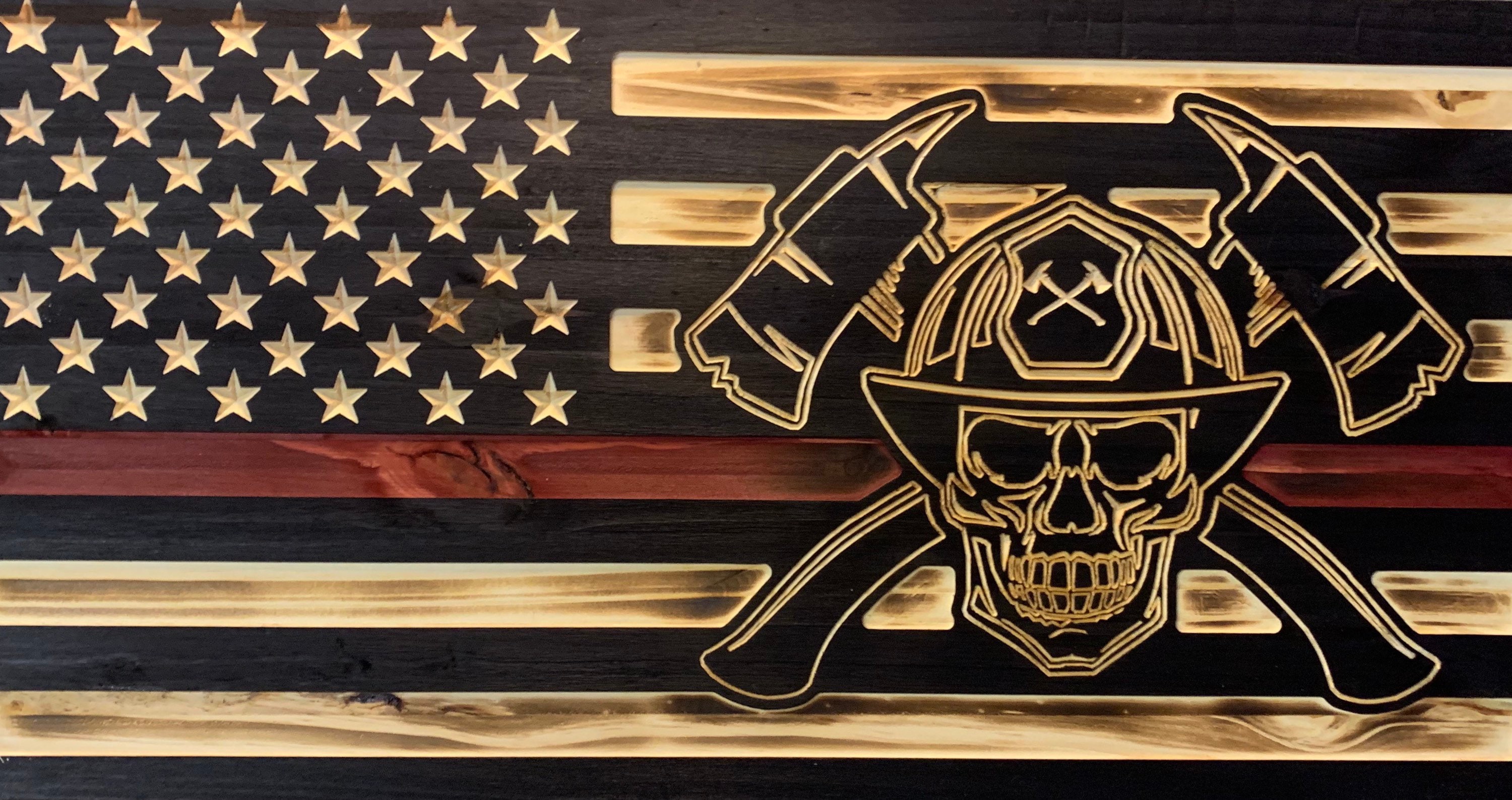 Thin Red Line With Skull & Axe Firefighters Wooden Flag Buy With ...