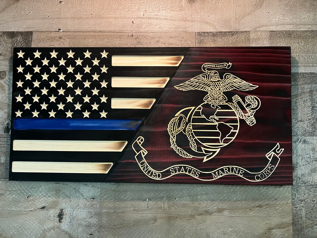 Thin Blue Line & Marine EGA Rustic Wooden Flag - Wooden Police Flag USMC EGA - Etsy