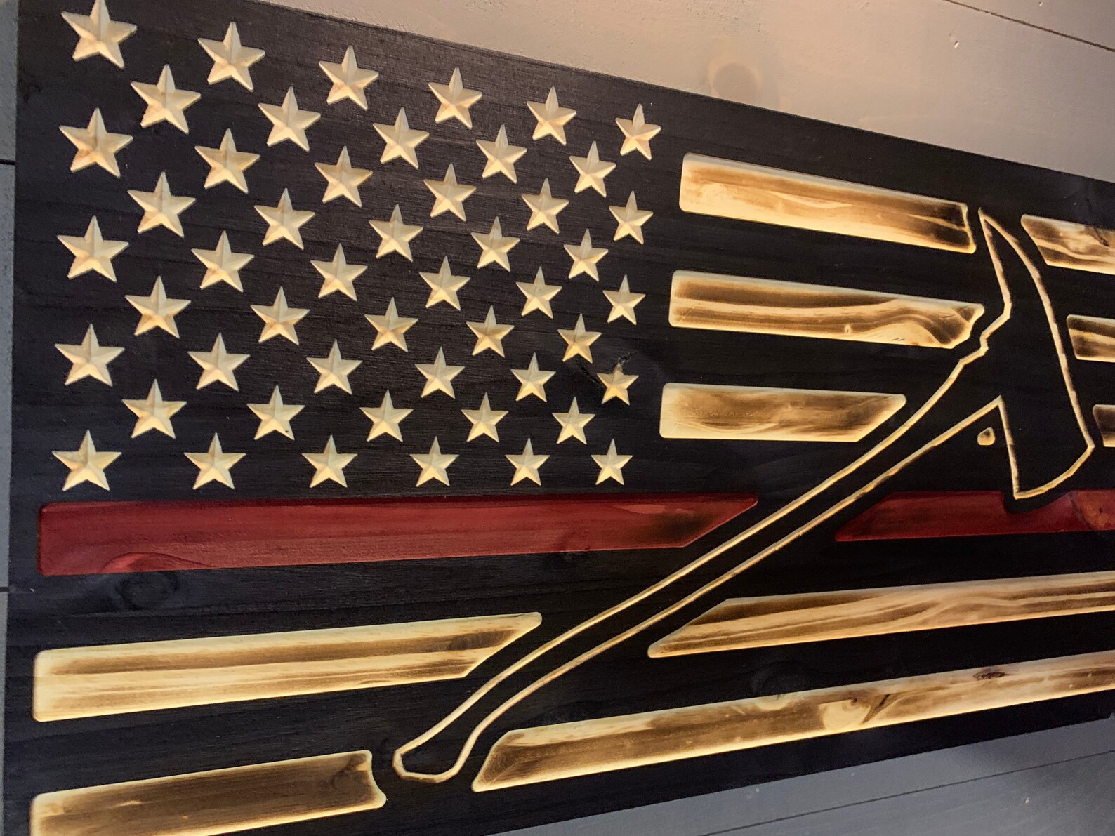 Thin Red line with Skull & Axe Firefighters wooden flag. 12x23 | Etsy