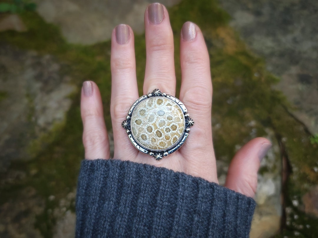 Fossilized Coral Agate Silver Women's Ring Size 7.75 // Fossil Coral ...