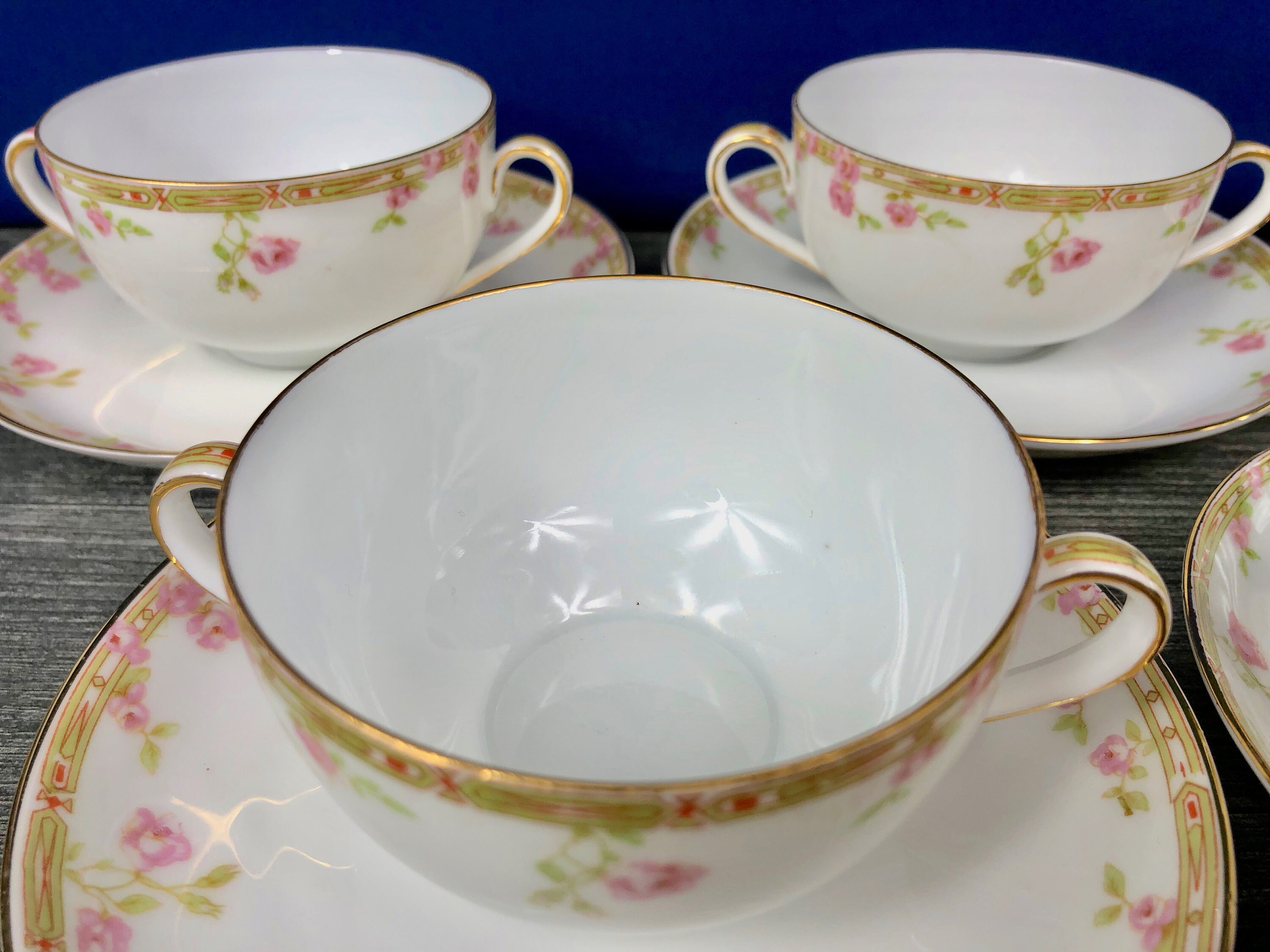 Set Of 5 Double Handle Soup Cups And Saucers Antique Austrian - Etsy