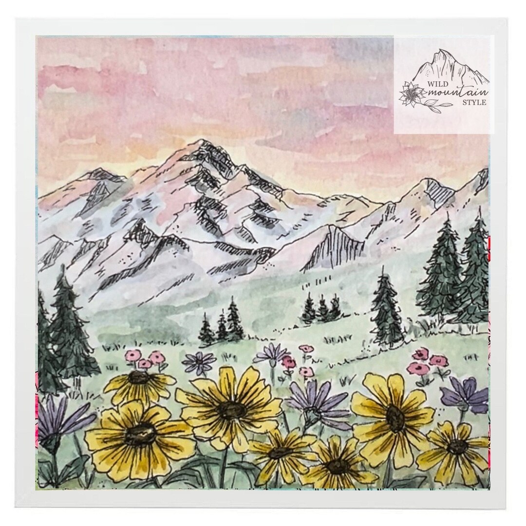 Pastel Wildflower Mountain Watercolor Print, Mountain Art Print, Flower ...
