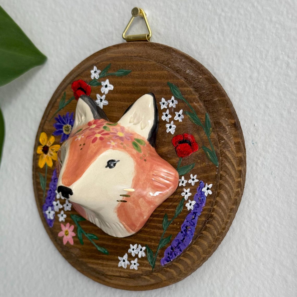 Ceramic Flower Fox on Flower Wood Plaque Wall Hanging, Ceramic Fox Head ...