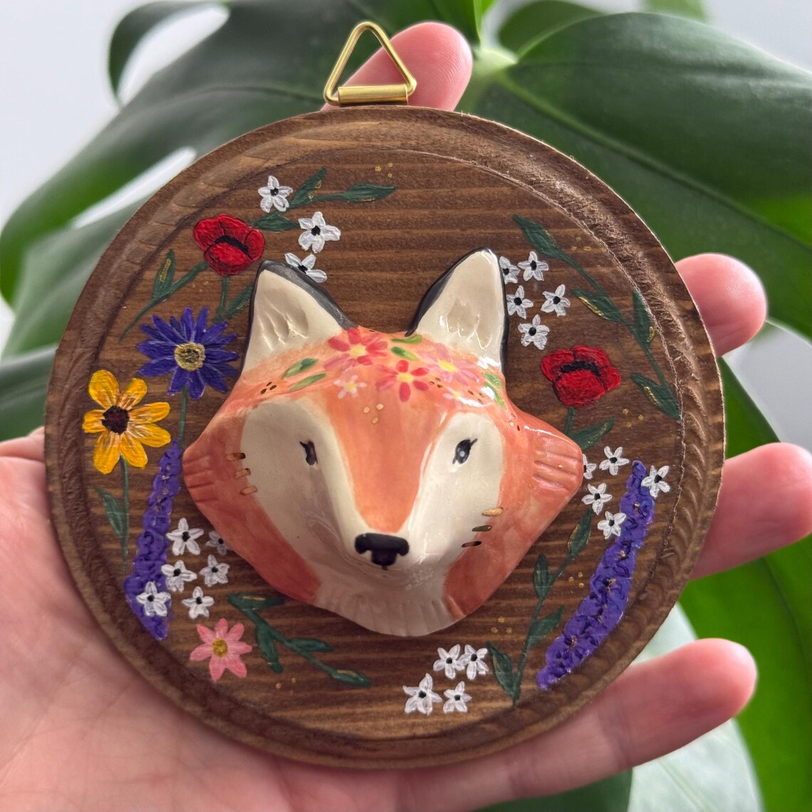 Ceramic Flower Fox on Flower Wood Plaque Wall Hanging, Ceramic Fox Head ...