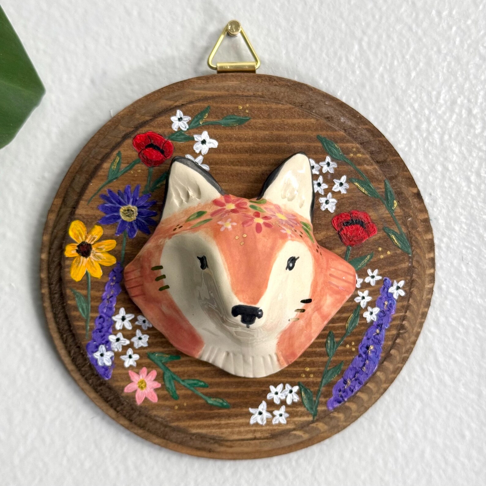Ceramic Flower Fox on Flower Wood Plaque Wall Hanging, Ceramic Fox Head ...