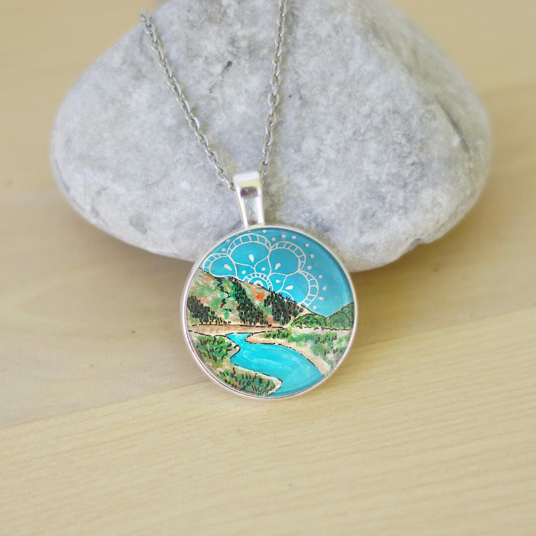 Mandala River Mountain Art Necklace / Unique Art Print Necklace / Watercolor Art Necklace ...