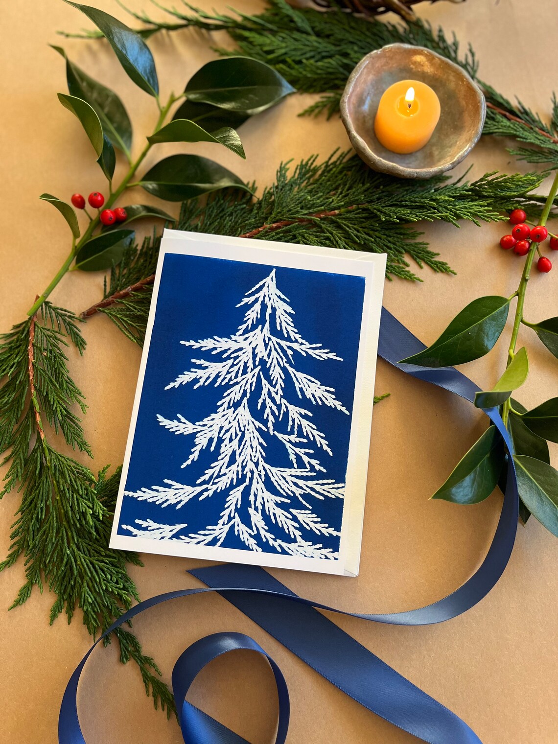Simply Elegant, Cedar Tree Holiday 5x7 Cyanotype Greeting Card, Blank ...