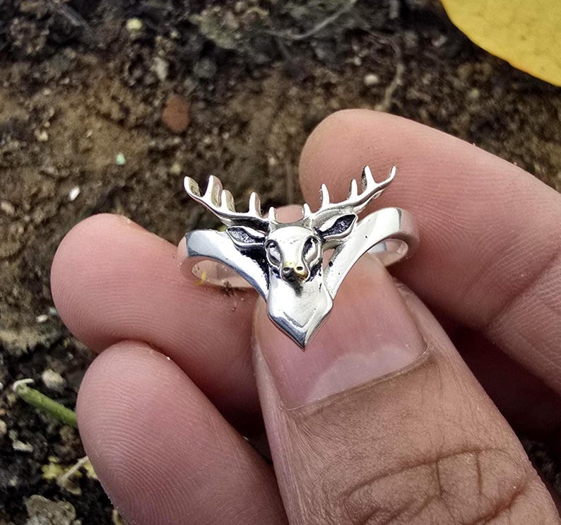 Sterling Silver Deer Head Ring, Stag Antler Ring, Animal Reindeer ...