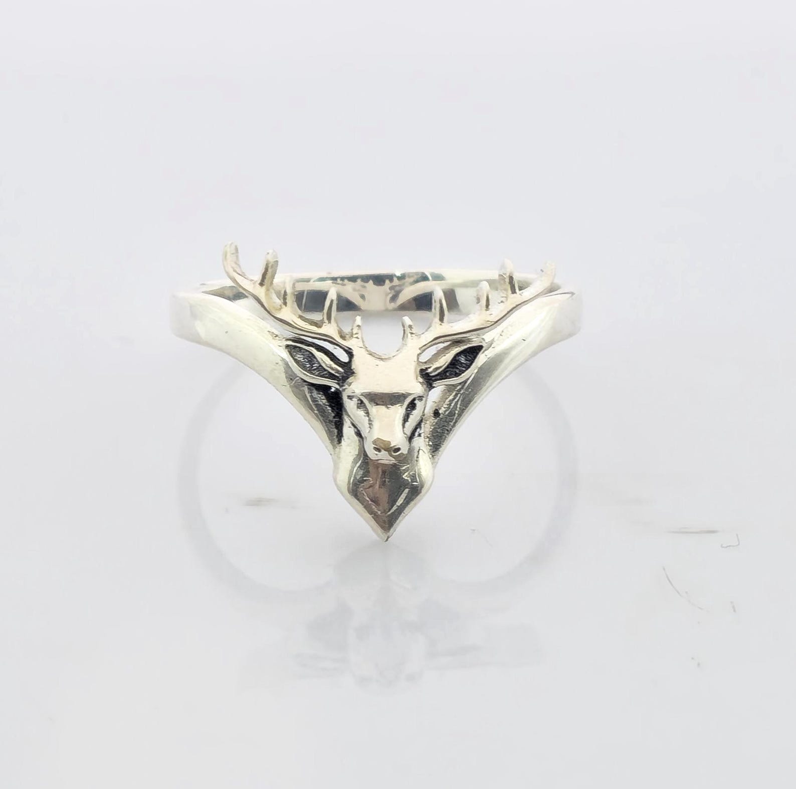 Sterling Silver Deer Head Ring, Stag Antler Ring, Animal Reindeer ...