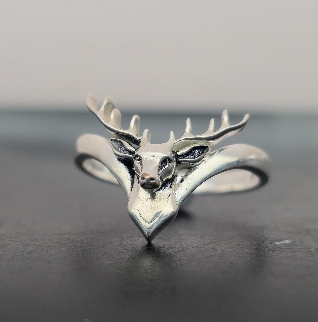 Sterling Silver Deer Head Ring, Stag Antler Ring, Animal Reindeer ...