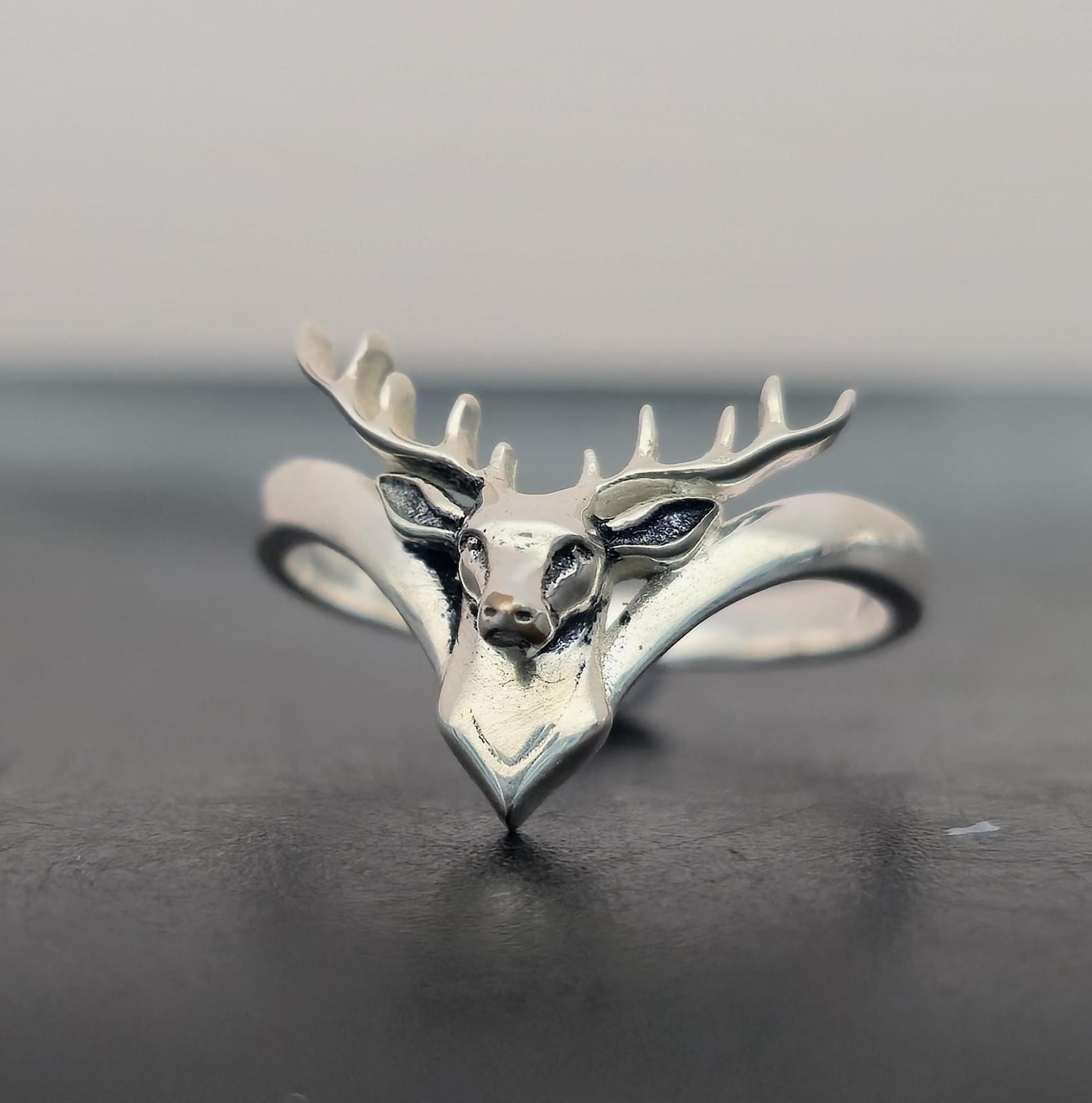Sterling Silver Deer Head Ring, Stag Antler Ring, Animal Reindeer ...