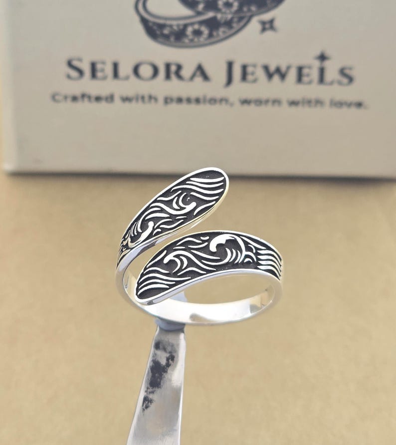 Sterling Silver Wave Ring, Adjustable Boho Beach Jewelry, Ocean, Sea Water Wave Ring, Handmade ...