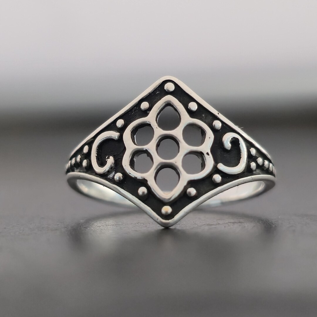 Sterling Silver Rhombus Filigree Ring With Flower Pattern, Boho ...