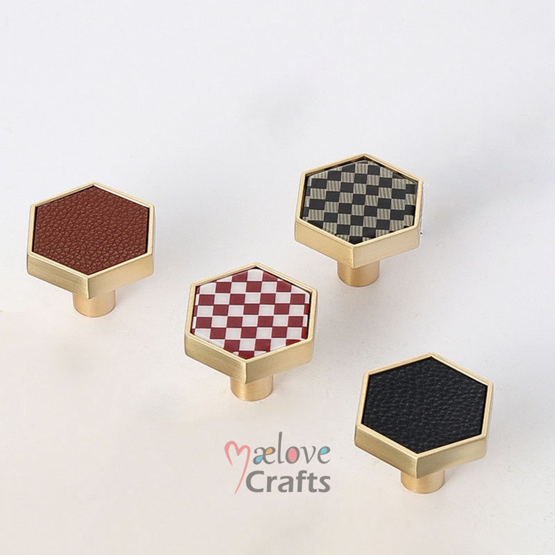 Hexagon Leather Knobs: Brushed Brass Cabinet Hardware (1.18") - Etsy