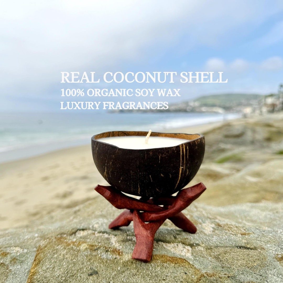 REAL Coconut Shell Candle With Wood Stand, Handmade to Order Candle ...
