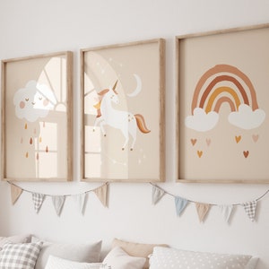 Rainbow Unicorn Boho Wall Art Rainbow Unicorn Cloud Prints Canvas Boho ...