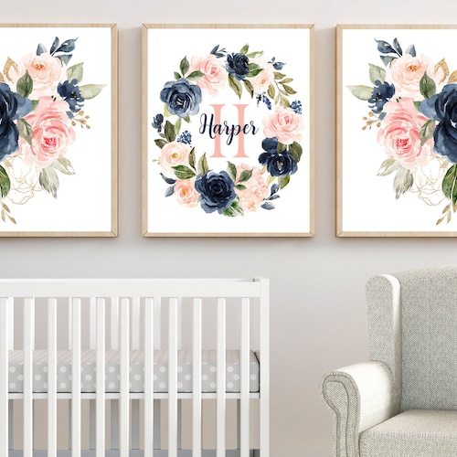Navy Blush Flower Wall Art Navy Coral Nursery Wall Decor - Etsy