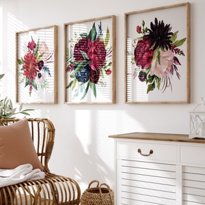 Burgundy Flower Wall Art - Watercolor Floral Bouquet Art Print - Bold ...