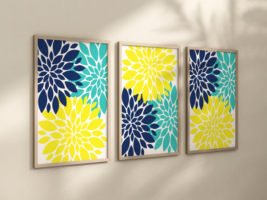 Navy Yellow Aqua Flower Wall Art Flower Burst Dahlia Petal - Etsy